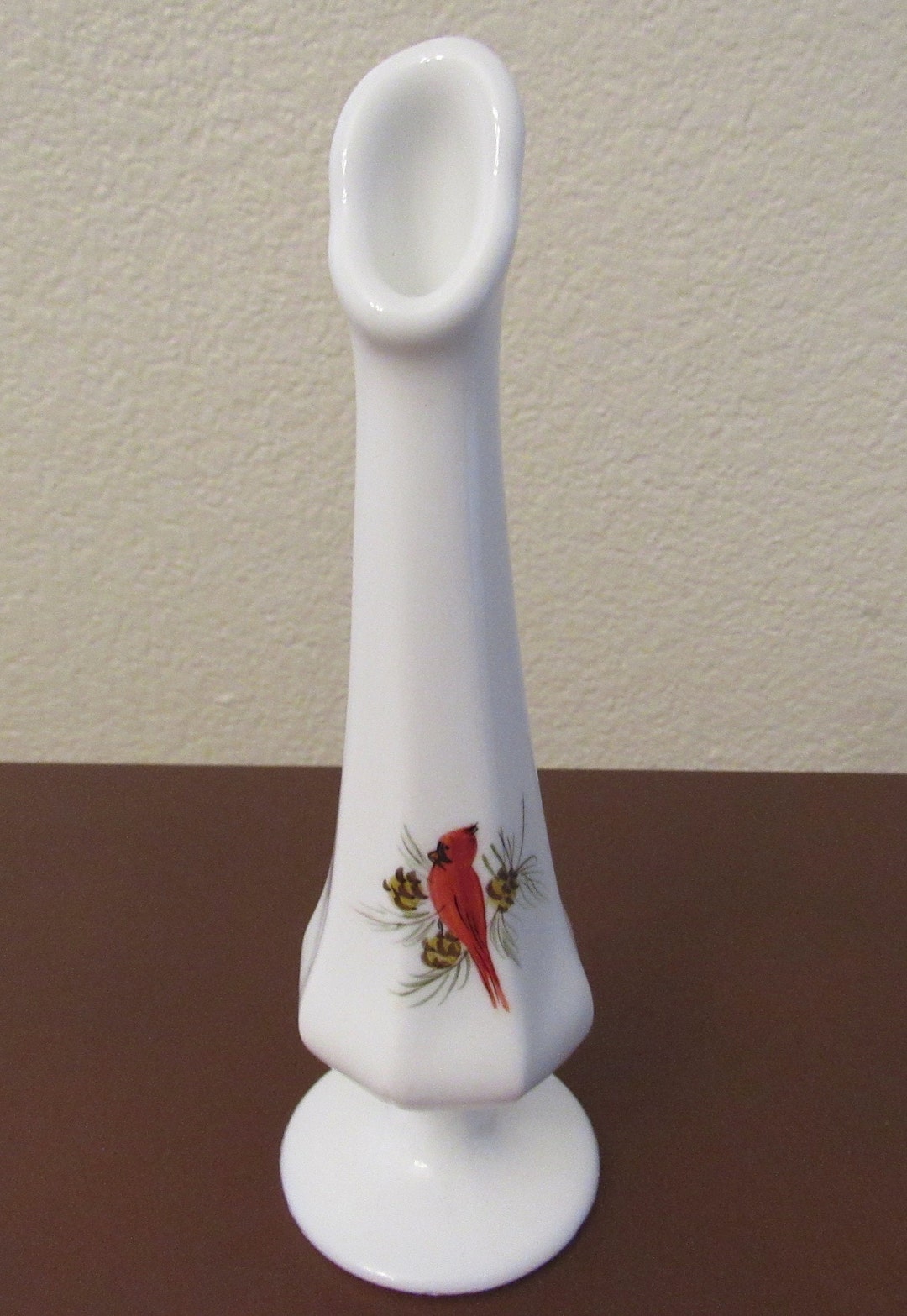 Fenton Swung Milk Glass Bud Vase Cardinal Bird Hand Painted & Signed ...