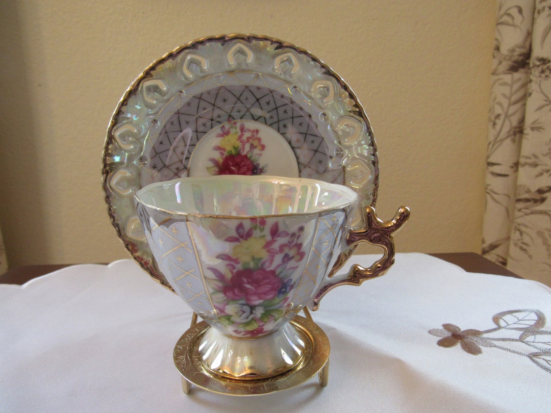 Vintage Lusterware Porcelain Footed Tea Cup and Reticulated Rim Saucer ...
