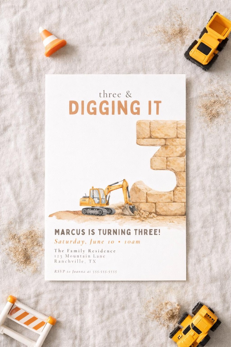 Three and Digging It Birthday Invitation Template | Construction Third ...