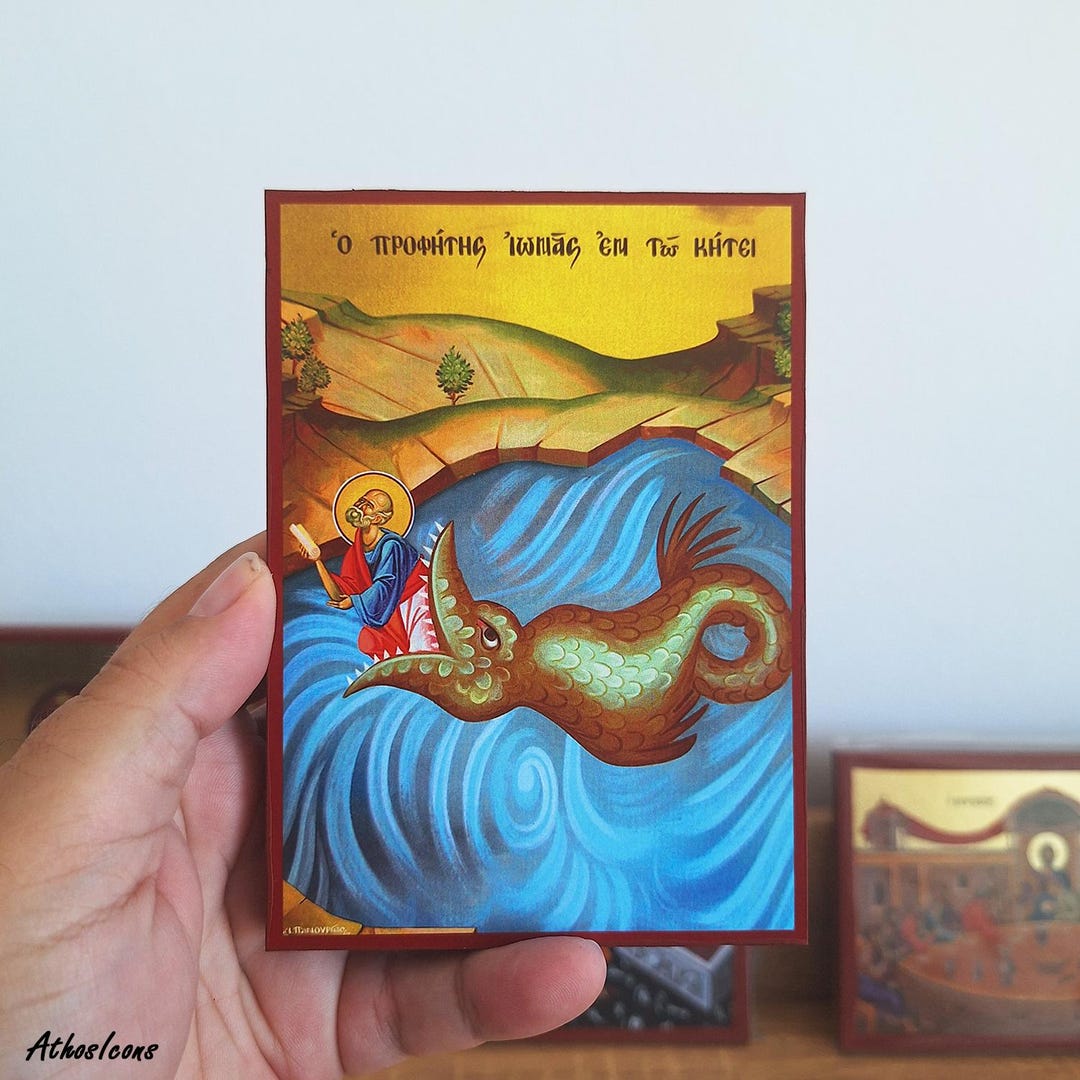 Saint Prophet Jonah and the Whale, Wooden Handmade Icon Greek Premium ...