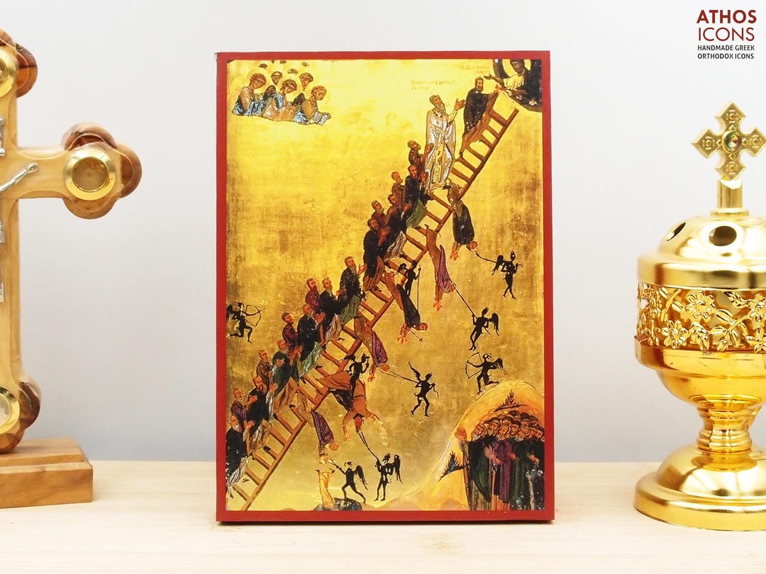 The Ladder of Divine Ascent Orthodox Icon, Handmade Wooden Byzantine ...
