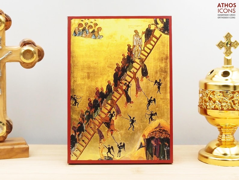 The Ladder of Divine Ascent Orthodox Icon, Handmade Wooden Byzantine ...