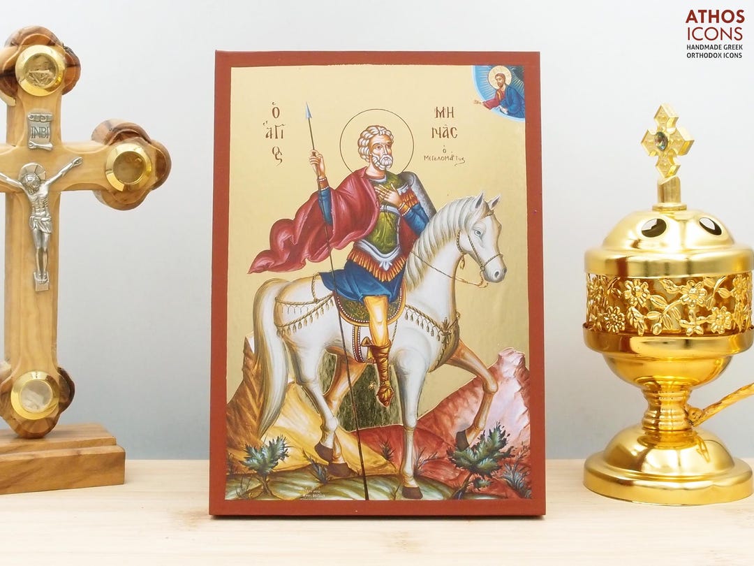 Saint Menas of Egypt on Horseback : Wooden Handmade Greek Byzantine ...