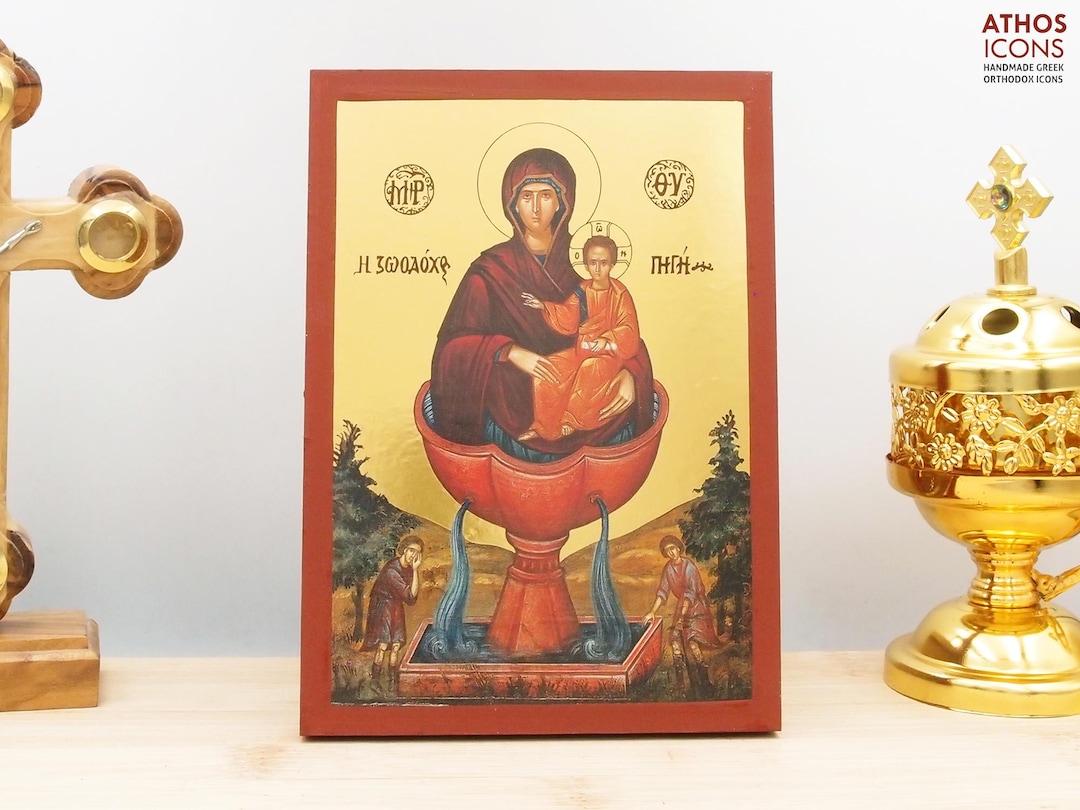 Virgin Mary the Life-giving Spring With Jesus, Wooden Handmade Greek ...