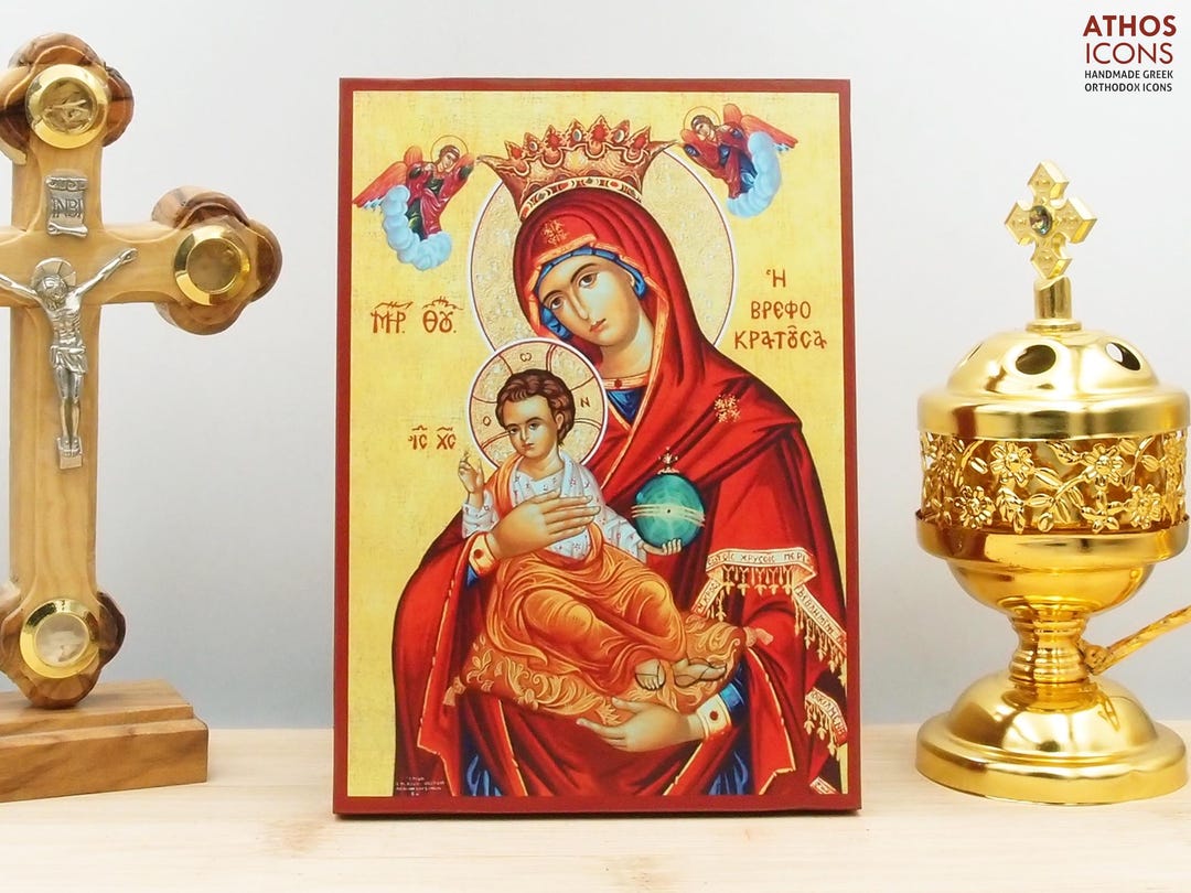 Holy Virgin Mary Infant Bearer “vrefokratousa” With Jesus, Wooden ...