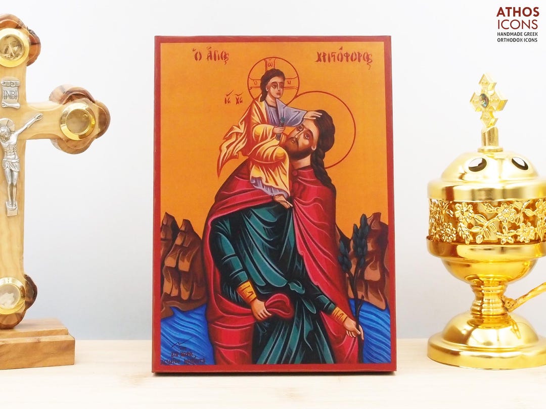 Saint Christopher Carrying Jesus Christ, Wooden Handmade Icon Greek ...