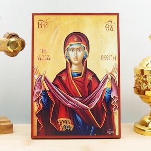 Holy Virgin Mary Holy Skepe, Wooden Handmade Icon Greek Premium ...