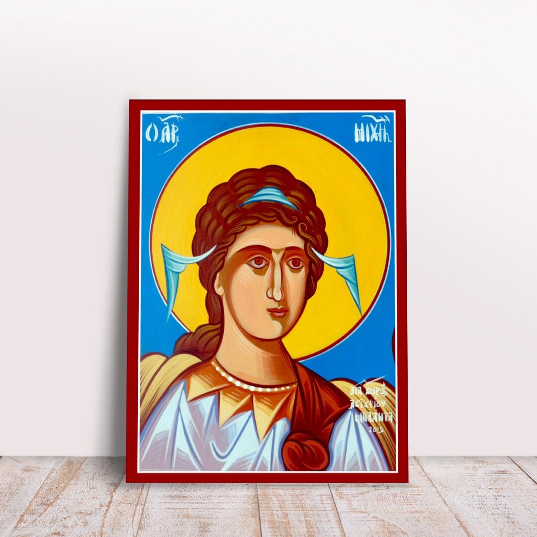 Wooden Icon of Archangel Michael Greek Premium Handmade Byzantine Style ...