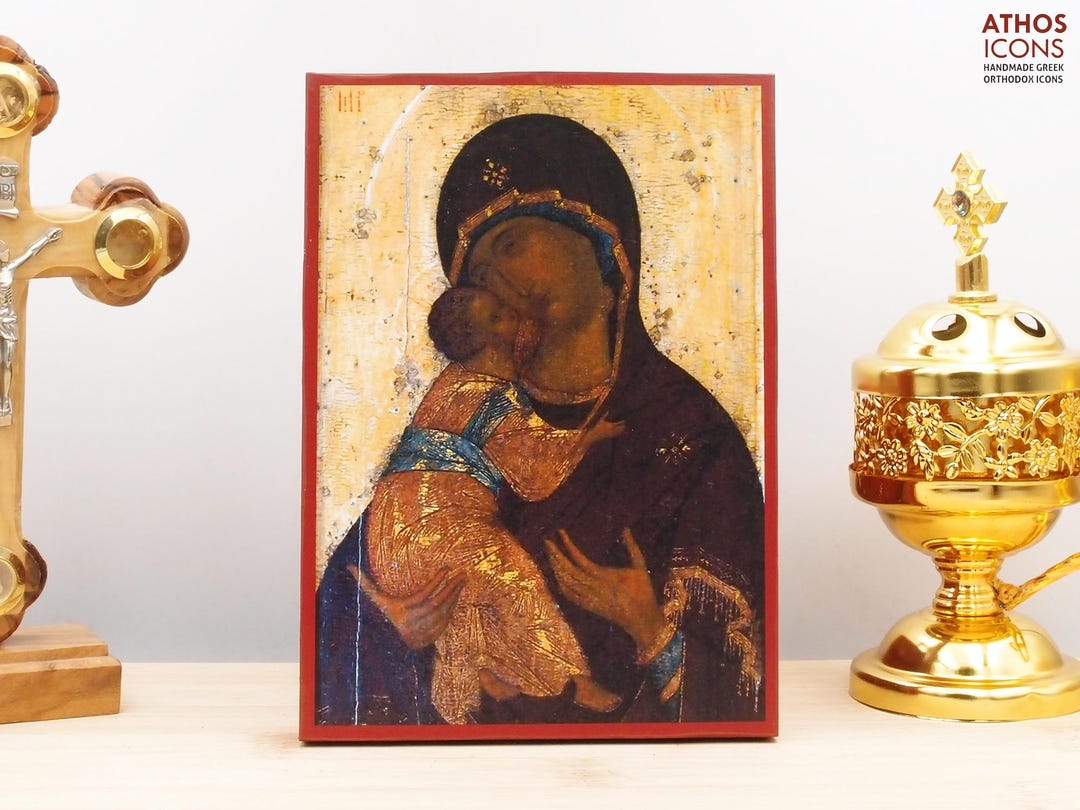 Holy Virgin Mary of Vladimir With Jesus Old Icon Handmade Greek ...