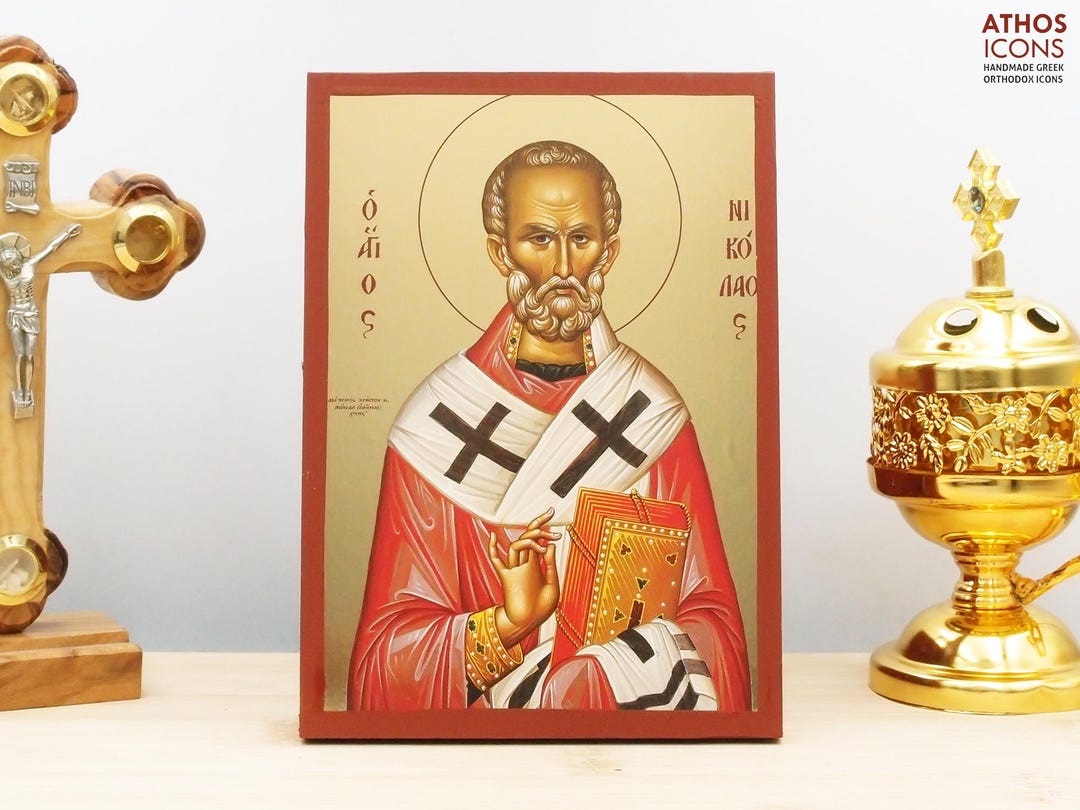 Saint Nicholas of Myra, Wooden Handmade Icon With Gold Foil Greek ...
