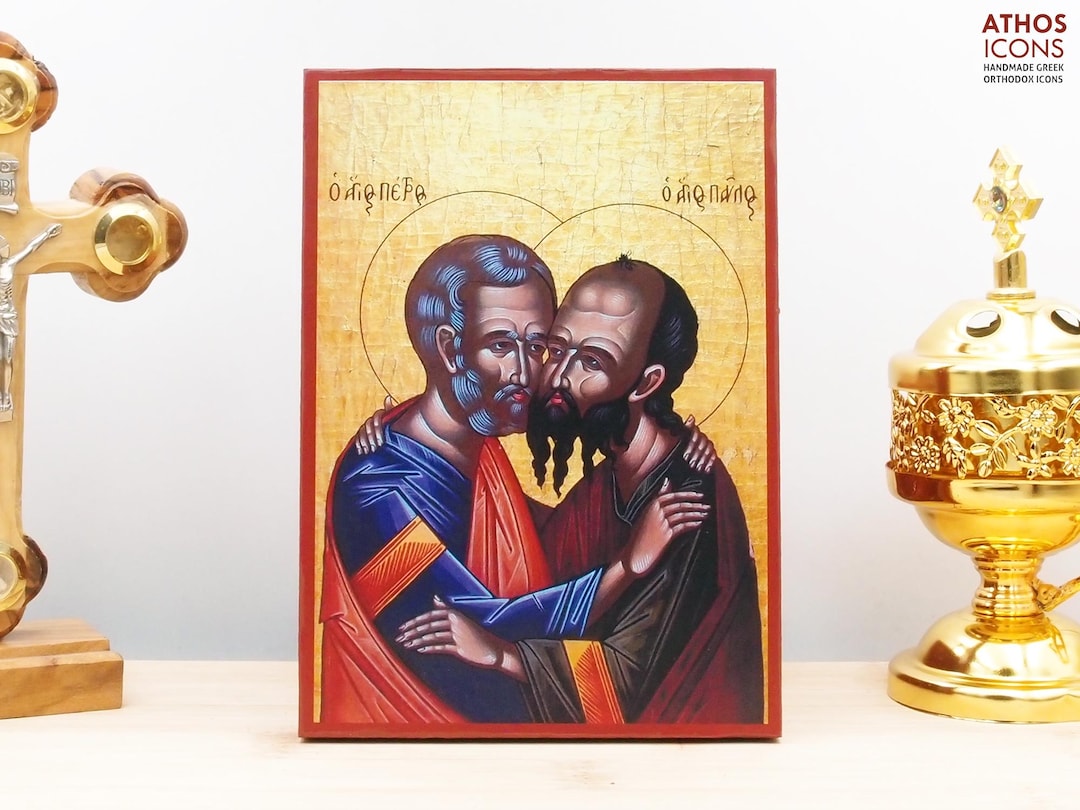Saint Apostles Paul and Peter Hugging Each Other, Wooden Handmade Icon ...