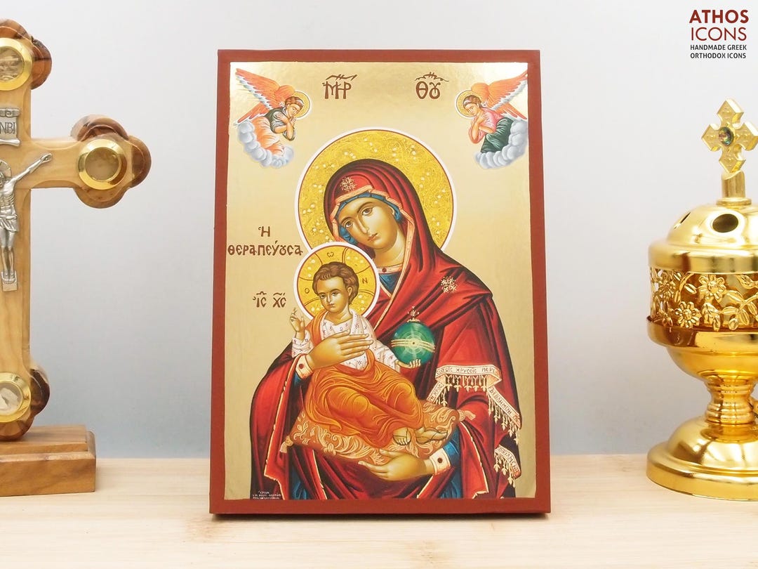 Virgin Mary the Healer "therapousa" With Jesus, Wooden Handmade Icon ...