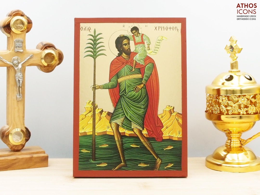 Saint Christopher With Jesus Christ Icon Handmade Greek Orthodox ...