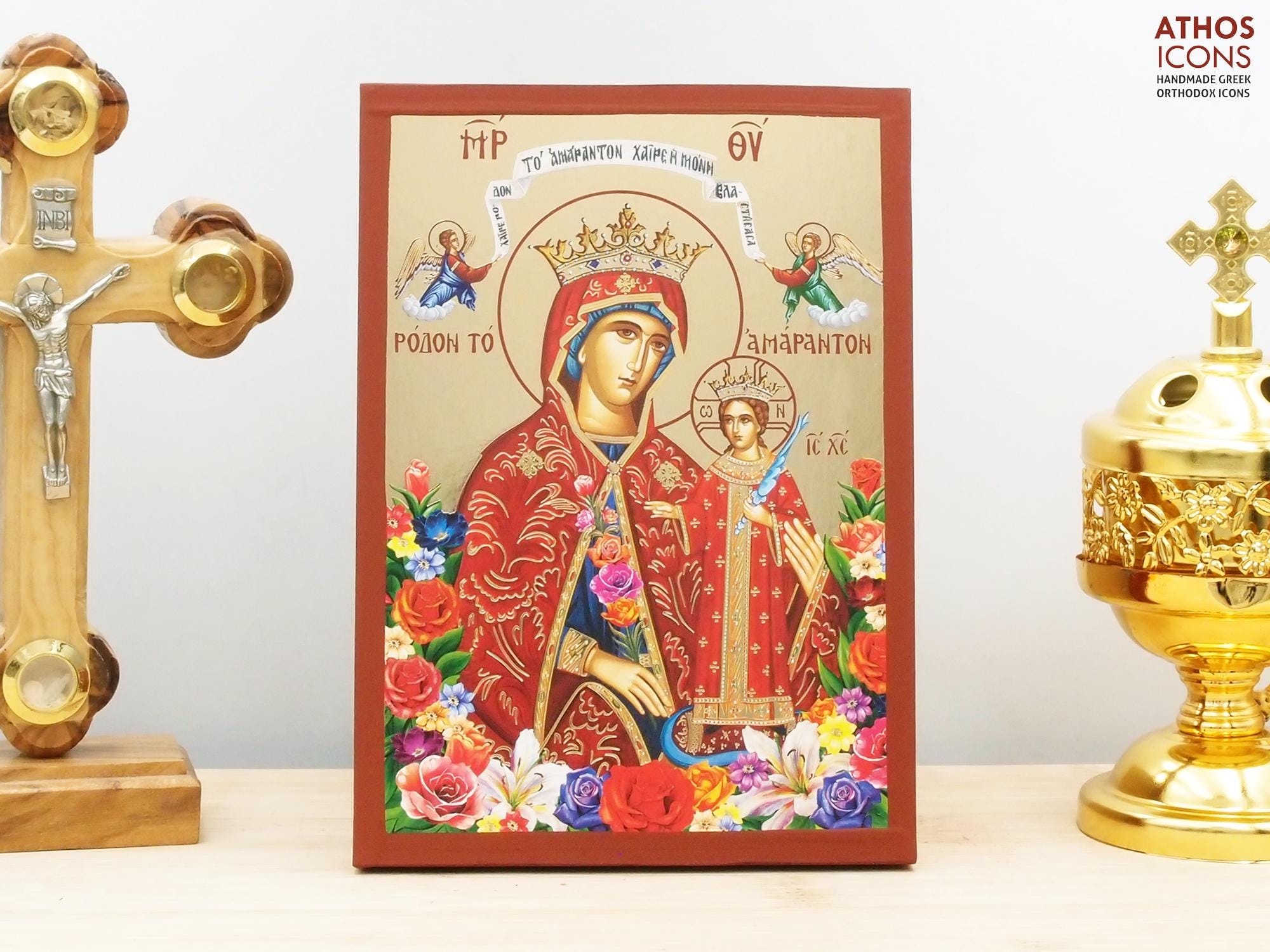 Virgin Mary the Unfading Roses With Jesus Icon Handmade Greek Orthodox ...