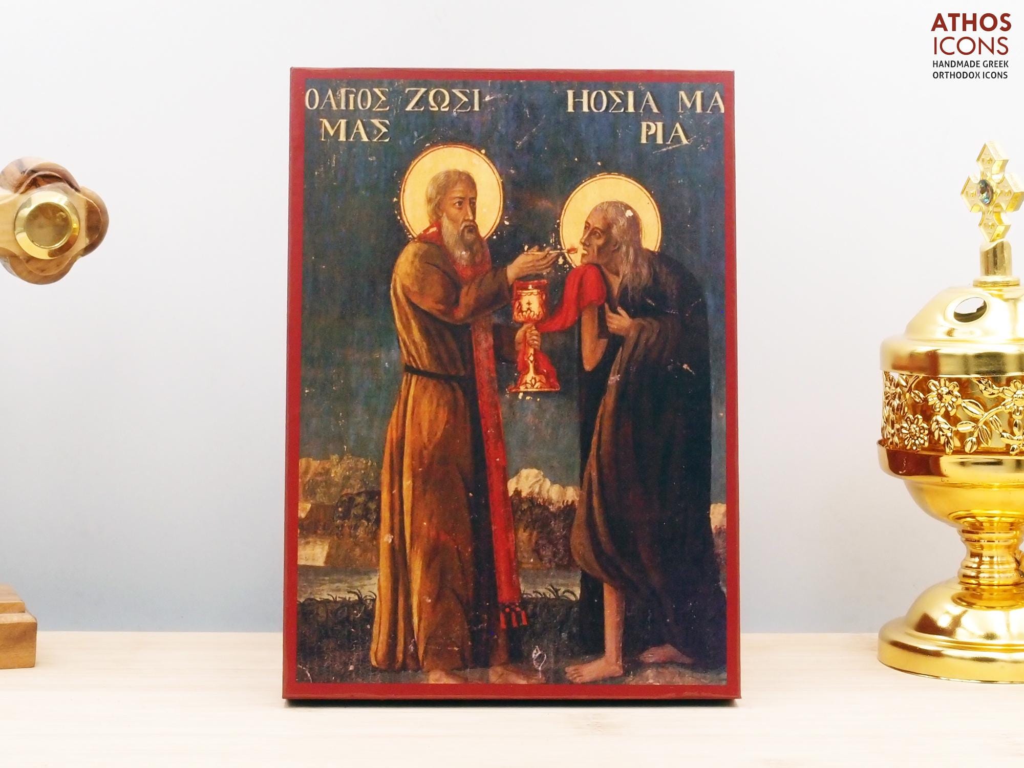 Saint Zosimas Giving the Holy Communion to Saint Mary of Egypt, Wooden ...