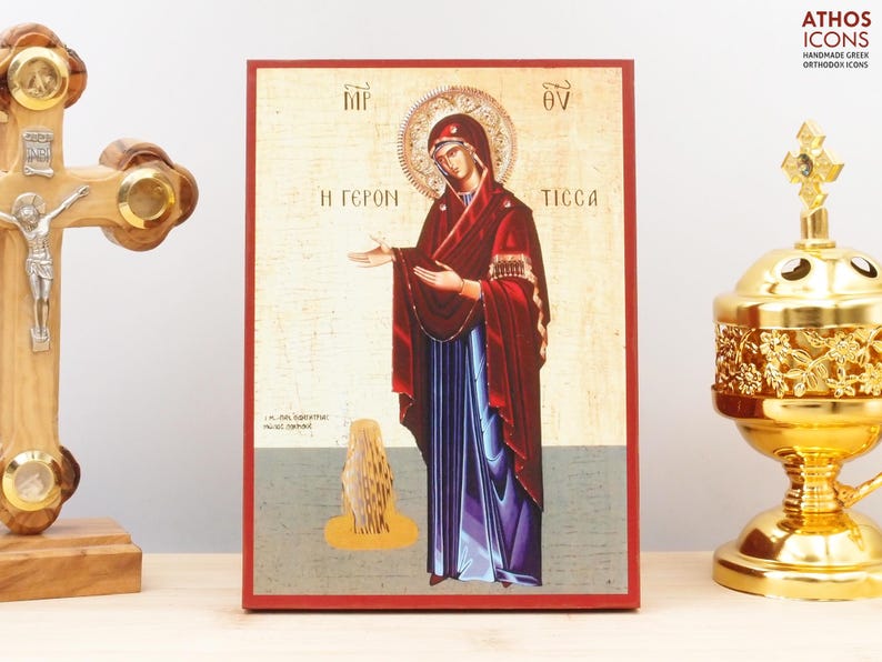 Holy Virgin Mary the Old “gerontisa”, Wooden Handmade Icon Greek ...