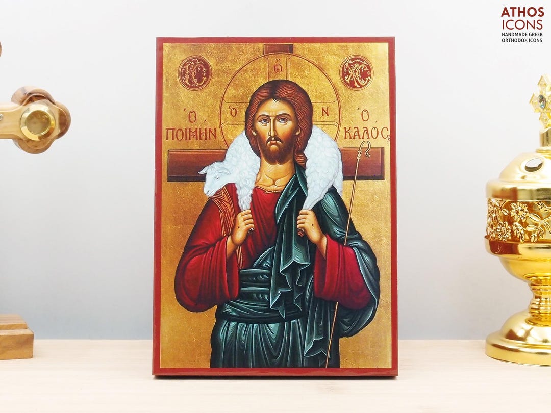 Jesus Christ the Good Shepherd, Wooden Handmade Icon Greek Premium ...