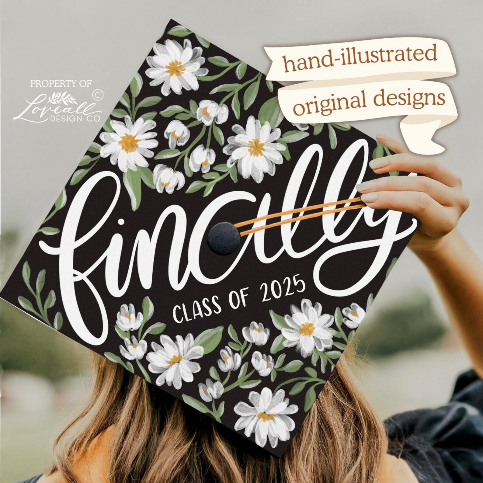 Custom Graduation Cap Topper, FINALLY, Hand-illustrated Florals, Hand ...