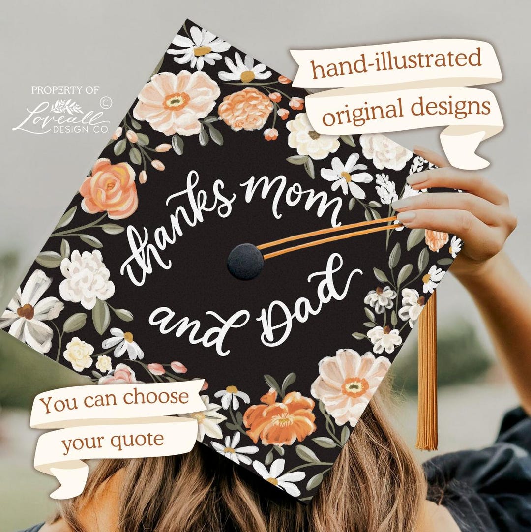 Custom Graduation Cap Topper, Thanks Mom and Dad, Hand-illustrated ...