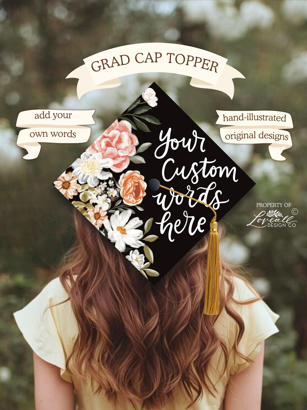 Custom Graduation Cap Topper, Hand-illustrated Florals, Hand-lettering ...