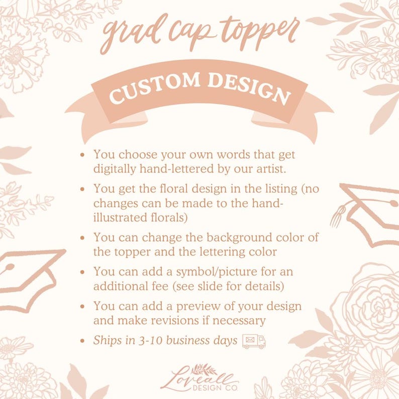 Custom Graduation Cap Topper, Hand-illustrated Florals, Hand-lettering ...