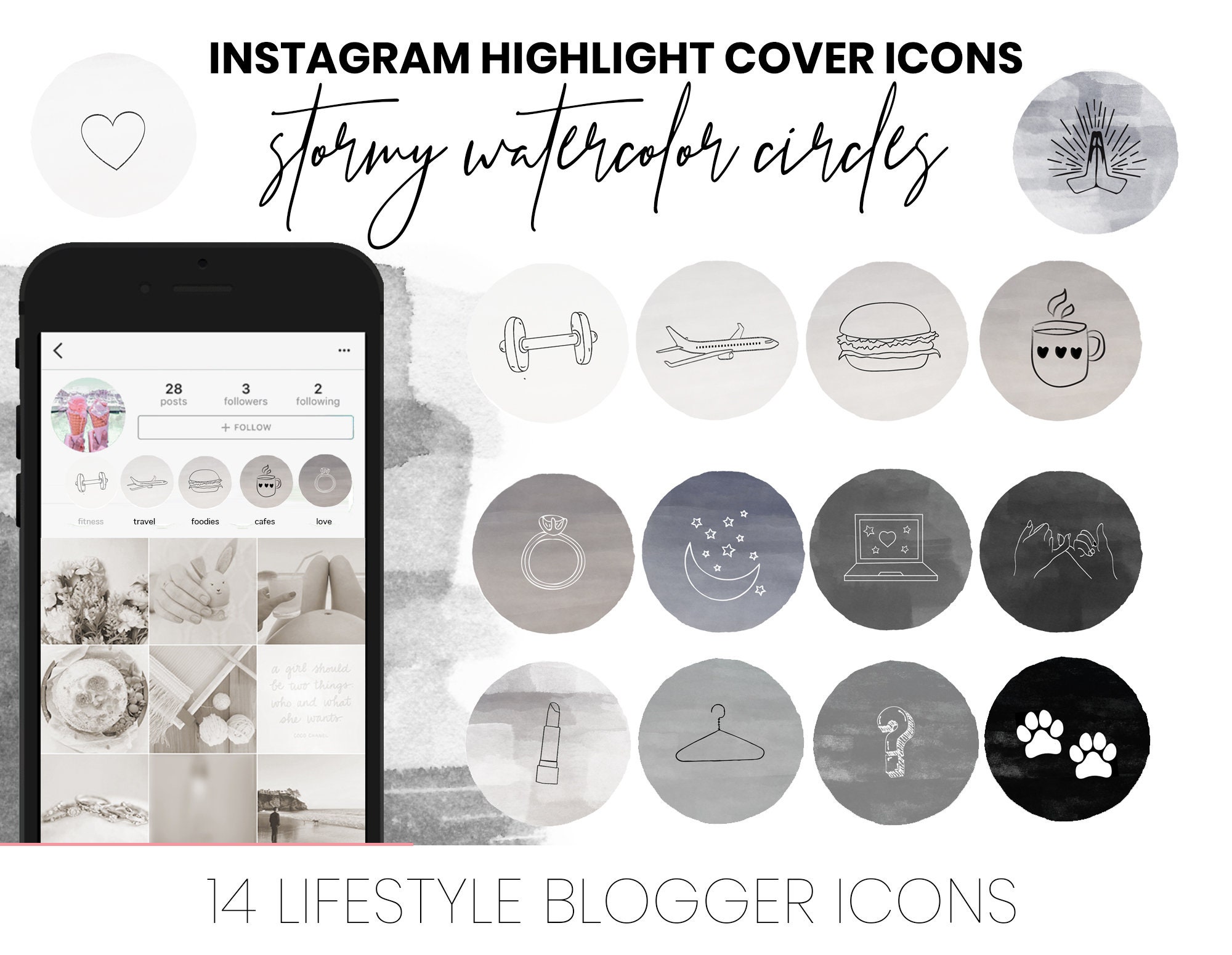 14 Instagram Highlight Covers Icons Grey Ombre Watercolor | Etsy