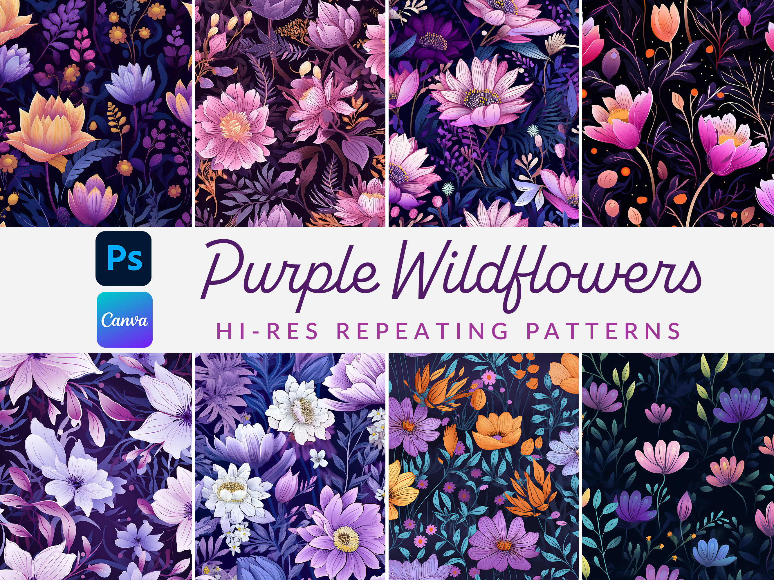 Purple Wildflowers Seamless Repeating Patterns | Digital Downloads ...