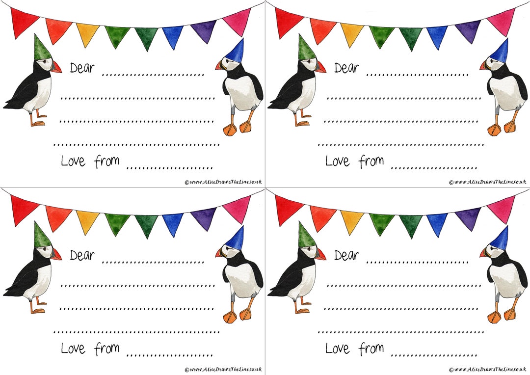 Printable Puffin Rainbow Postcards by Alice Draws the Line- 4 Postcards ...