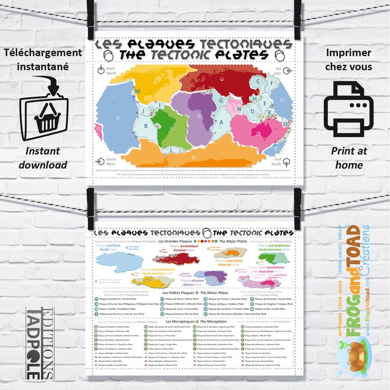 Printable - the TECTONIC PLATES Map Poster Bilingual French English ...