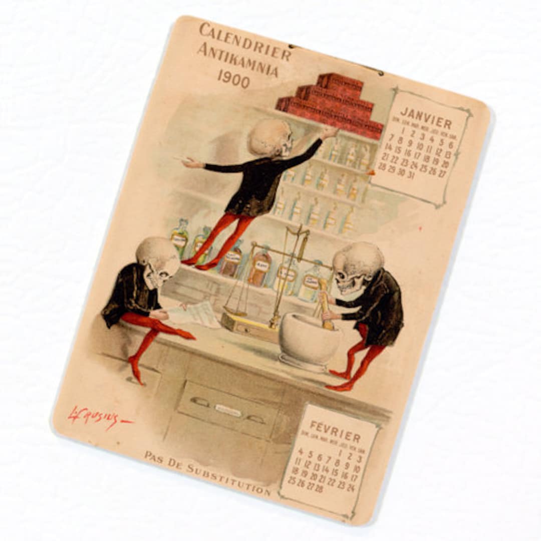 Antikamnia 1900 Calendar #1 FRIDGE MAGNET, Jan Feb Skeleton Promotional ...