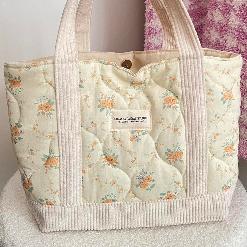 Floral Quilted Tote Bag: Padded Cotton Everyday Bag - Etsy