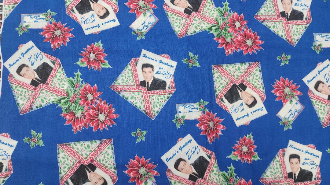 Elvis Presley Seasons Greetings on Blue Cotton Fabric Holiday ...