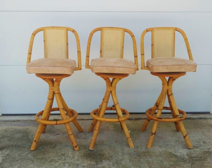 Vintage Rattan and Cane Swivel Bar Stools - Set of 3 - Etsy