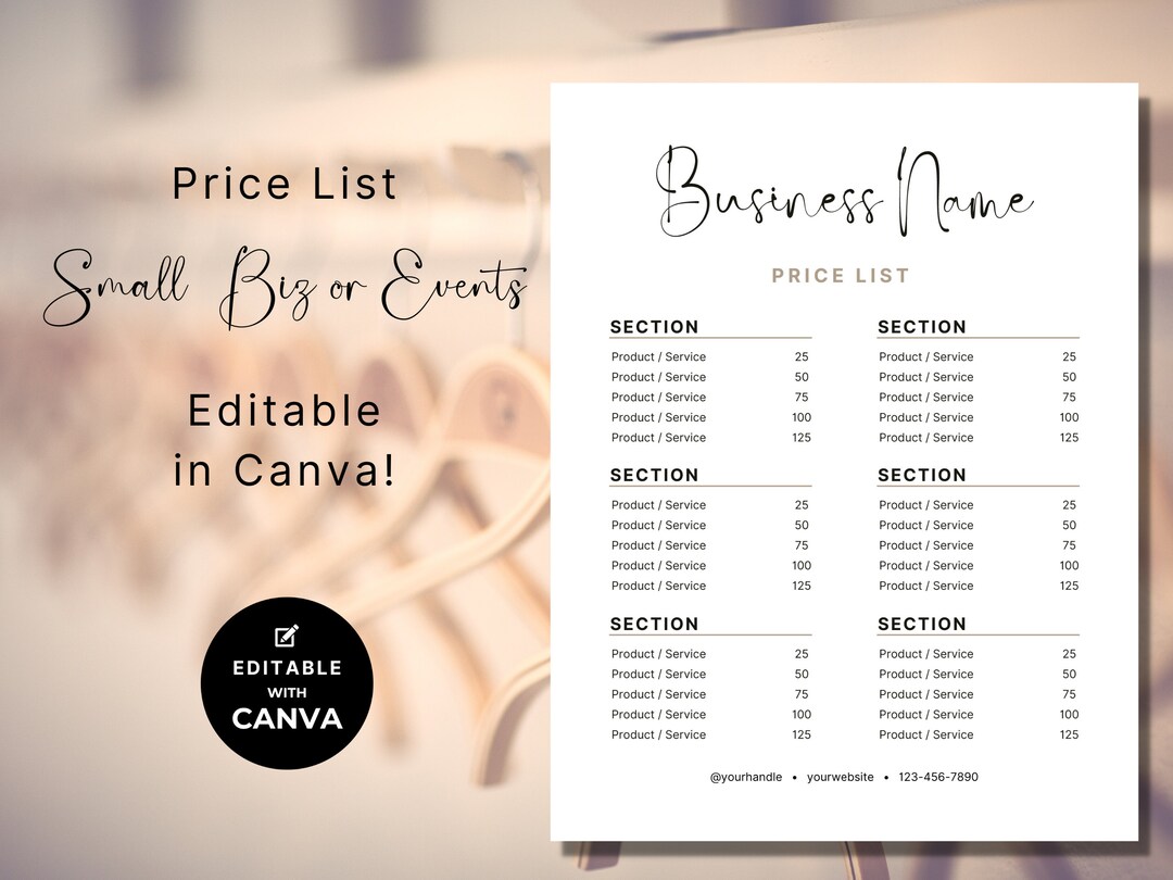 Price List Template, Printable Price List, Price List, Small Business ...