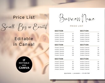 Small Business Price List Template - Etsy