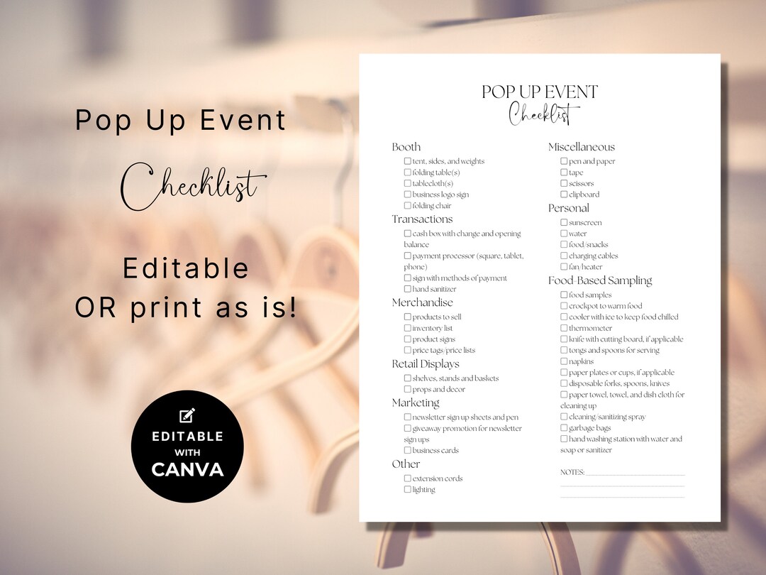 Pop up Shop Event Checklist Editable Printable, Farmers Market Checklist, Craft Show Checklist ...