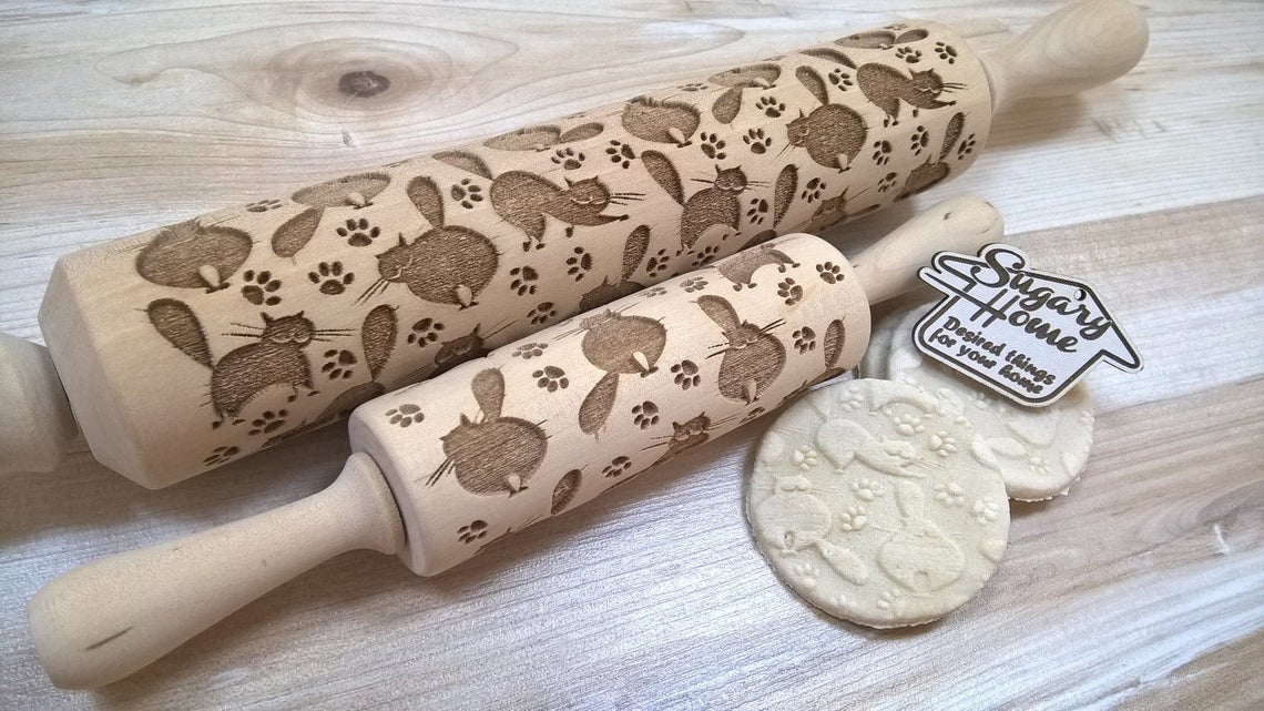 Wooden Rolling Pin Fat Cats Pattern Embossing Laser Cut - Etsy