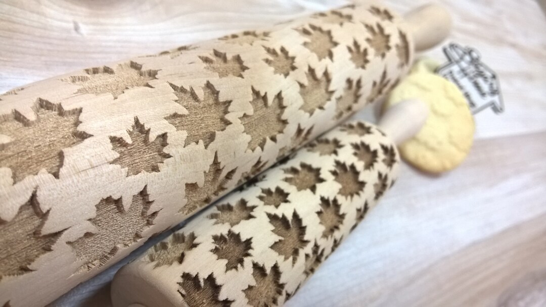 Wooden Rolling Pin Laser Cut Maple Leaf Netting Pattern Canada Autumn ...