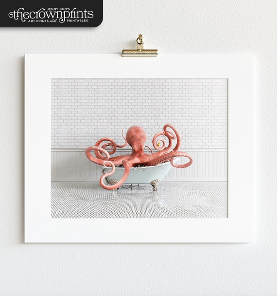 Octopus in Bathtub PRINTABLE Art Bathroom Wall Decor by the | Etsy