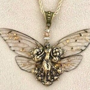 Art Nouveau Nymph Necklace, Transparent Fairy Wings in Green, Brown or ...