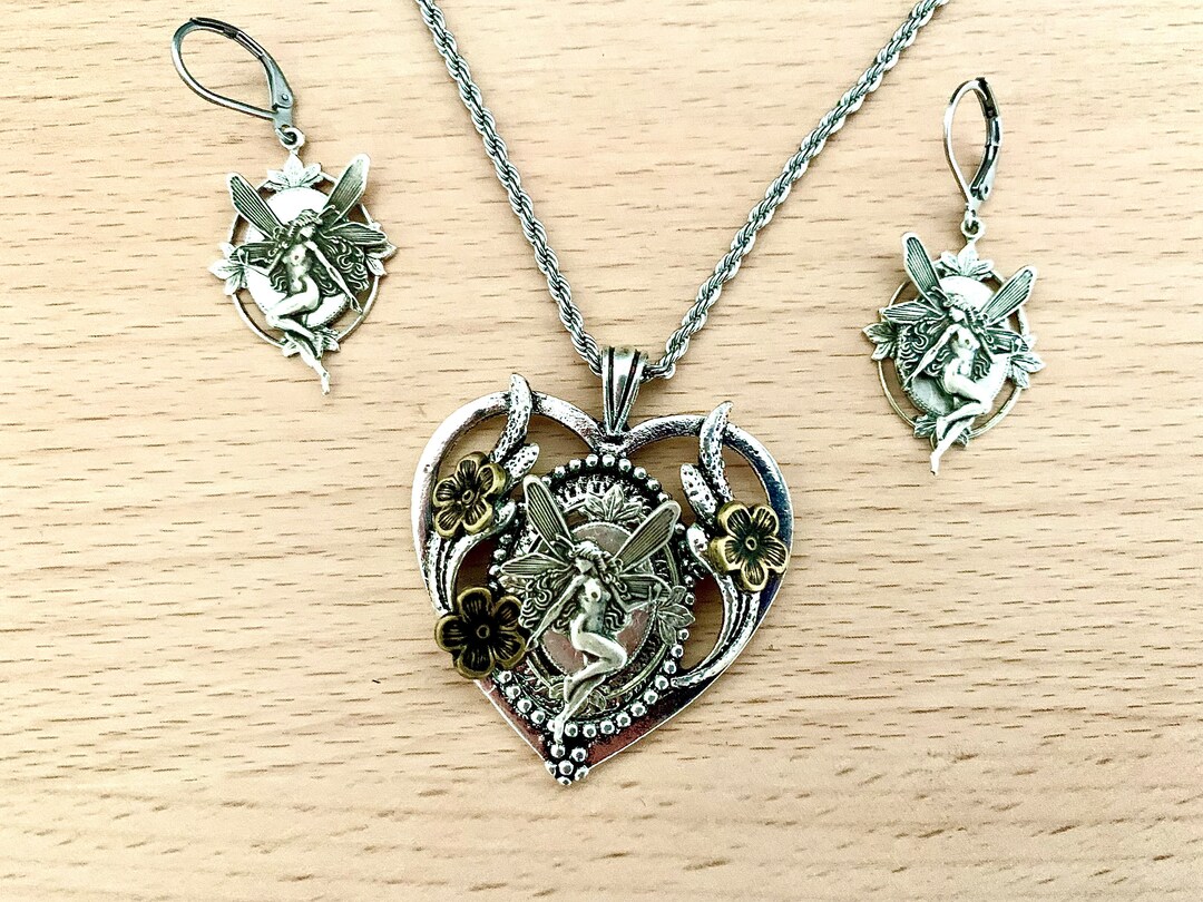 Heart-shaped Set With Art Nouveau Elf, Fairy Pendant, Elven Necklace - Etsy