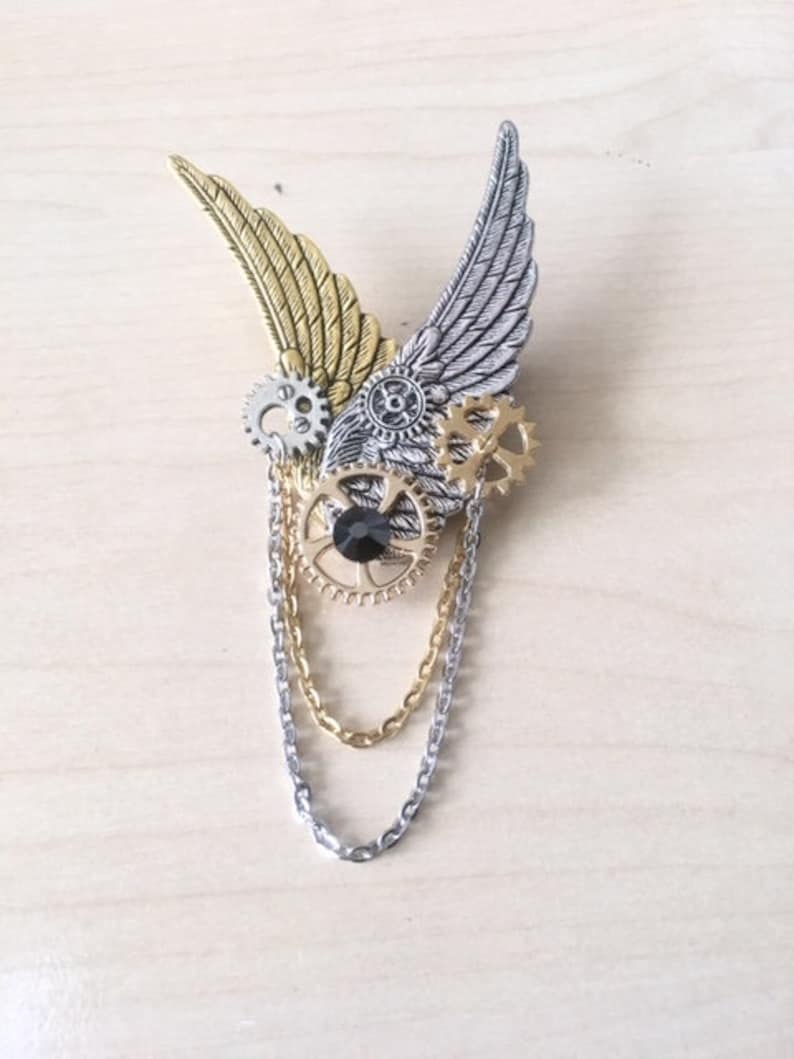 Steampunk Brooch With Wheels, Silver Wings, Stainless Steel Chains and ...