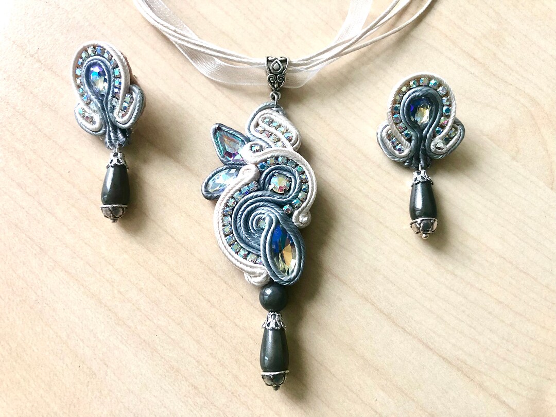 Soutache Set and Gray and Beige Crystal, Soutache Necklace and Buckles ...