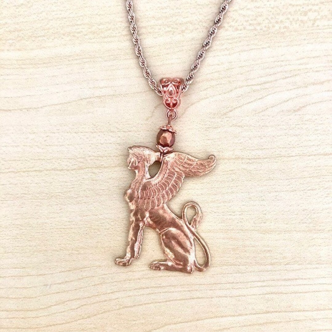 Neo-egyptian Sphinx Pendant, in Rose Gold-plated Brass, Stainless Steel ...