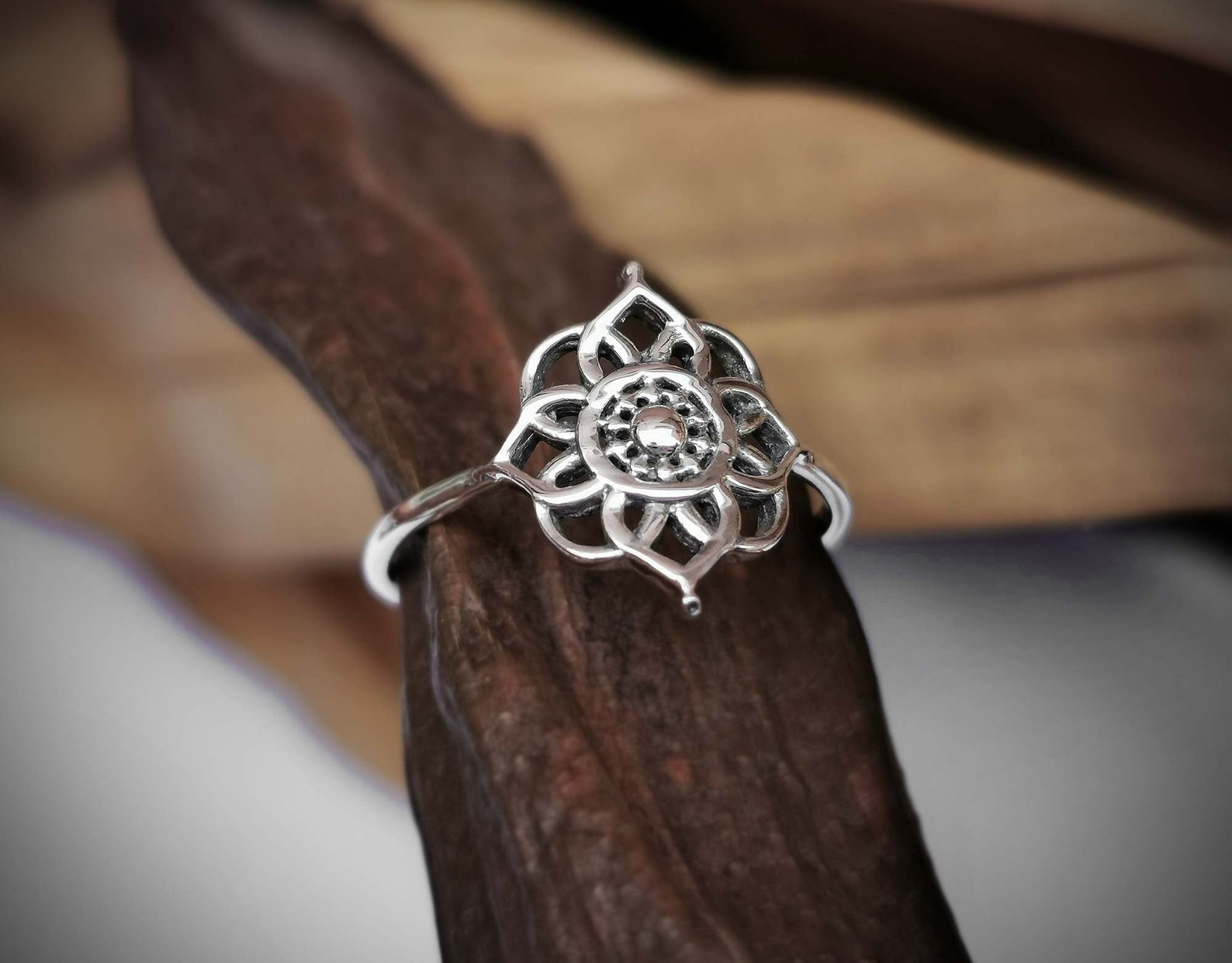 MANDALA RING, Sterling Silver 925, FLOWER Silver Band, Geometric Ring ...