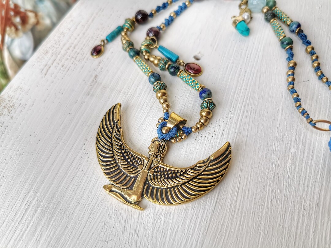 Isis Necklace - Egyptian Goddess Dangling in a Mala Gemstone Collar ...
