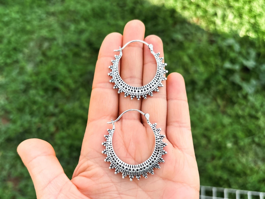 Silver Creole Mandala Hoop Earrings - Gypsy Tribal Statement Jewelry ...
