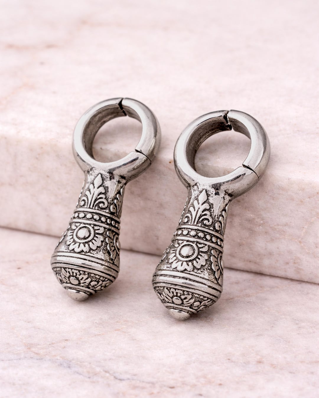 Silver Ornamental Ear Weights for Stretched Ears - Carved Ear Hangers ...