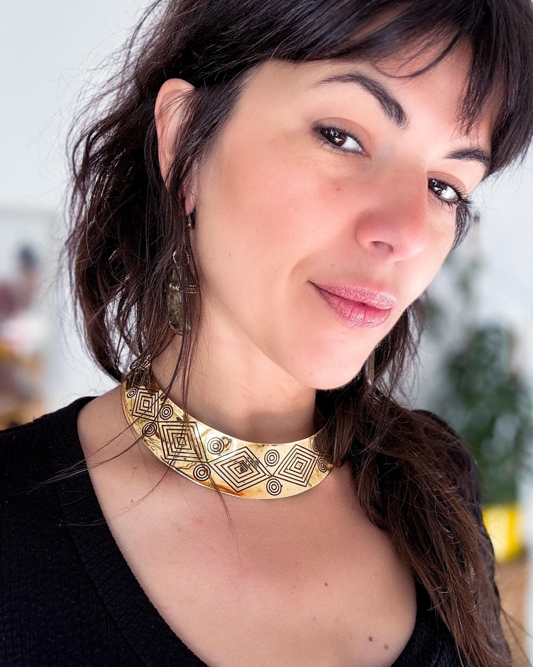 Brass Choker - Wide Bib Choker - Hammered Wrap-around Golden Necklace ...