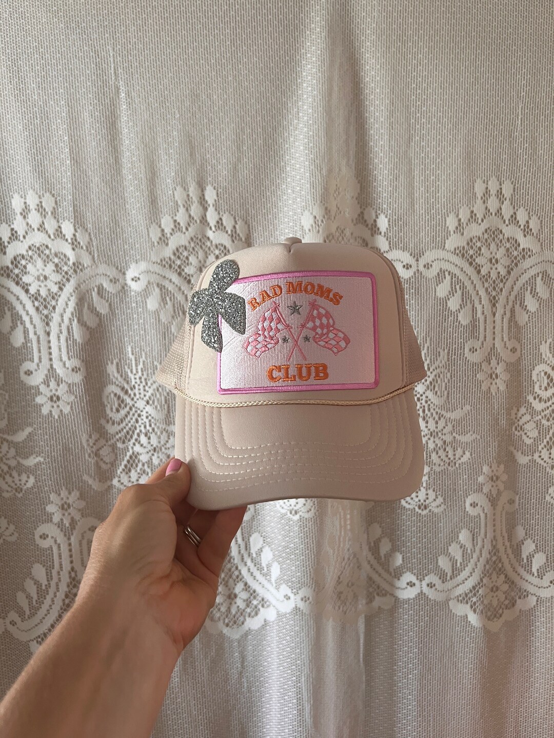 Biege Rad Moms Club Patch Trucker Hat With Glitter Bow / Rad Mom ...